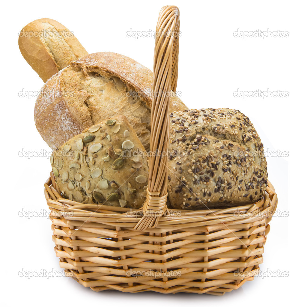 Basket with a bread assortment isolated on white Stock Photo by ...