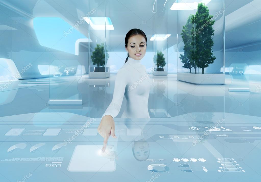 Future technology. Girl press button touchscreen interface. — Stock ... Future technology. Girl press button touchscreen interface. — Stock ...