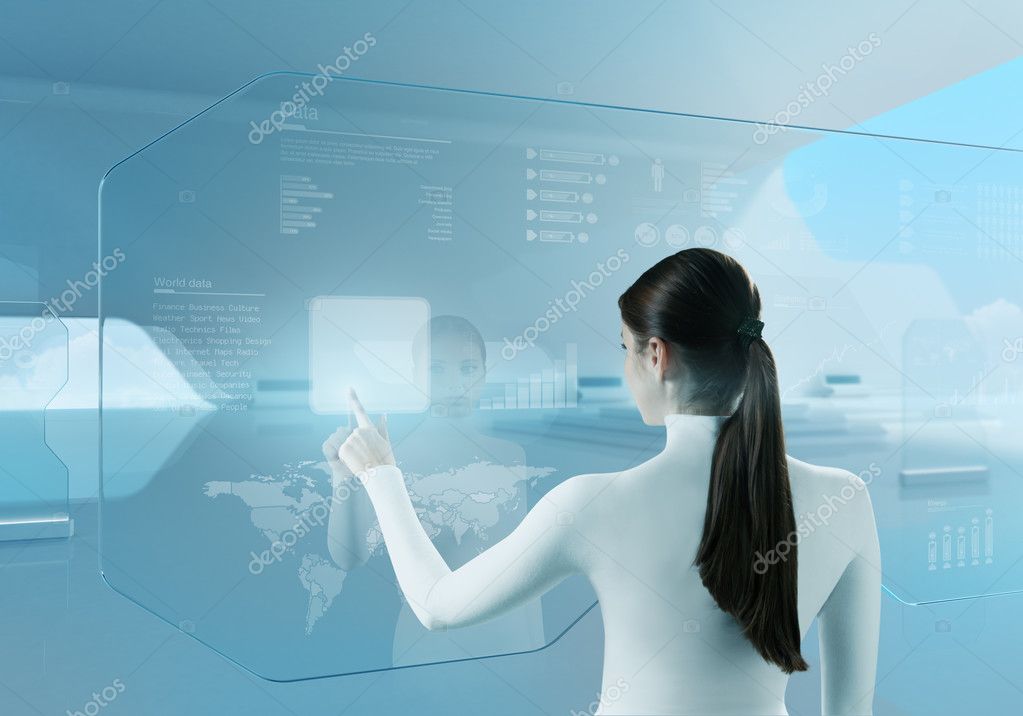 Future technology. Girl press button touchscreen interface. Stock Photo ...