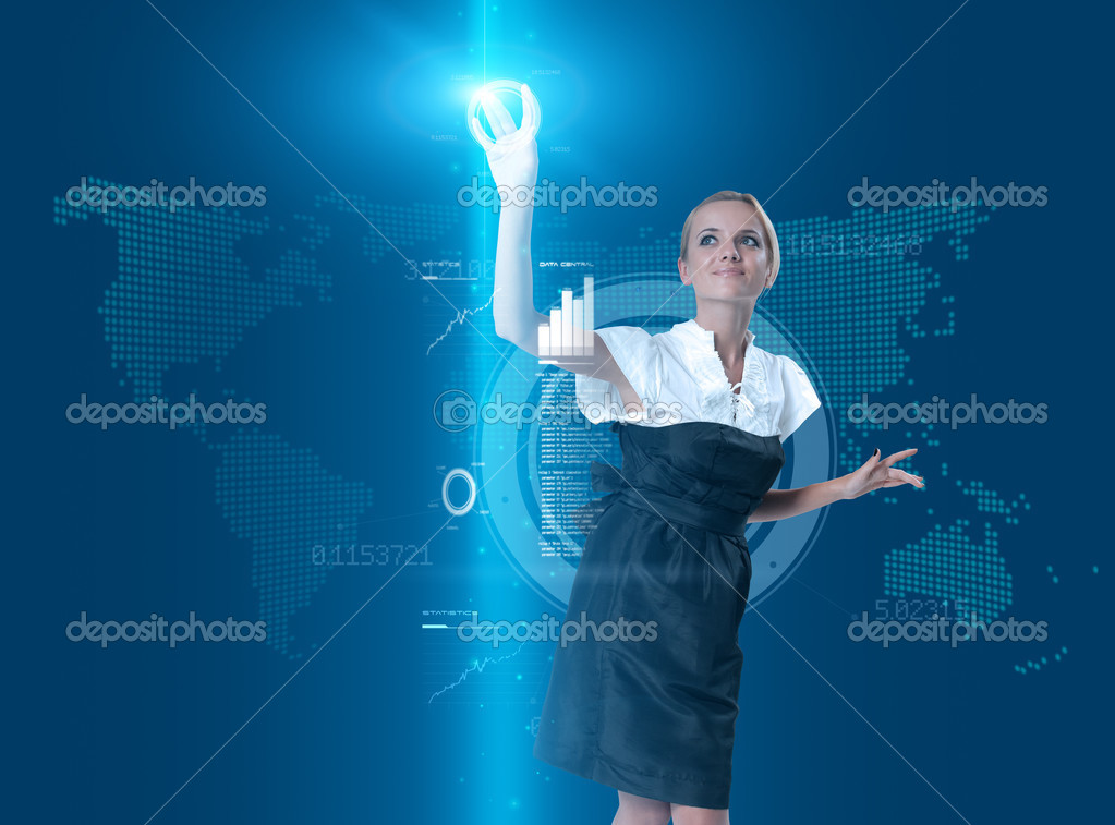 Future technology touchscreen interface. Girl touching screen in ... Future technology touchscreen interface. Girl touching screen in ...