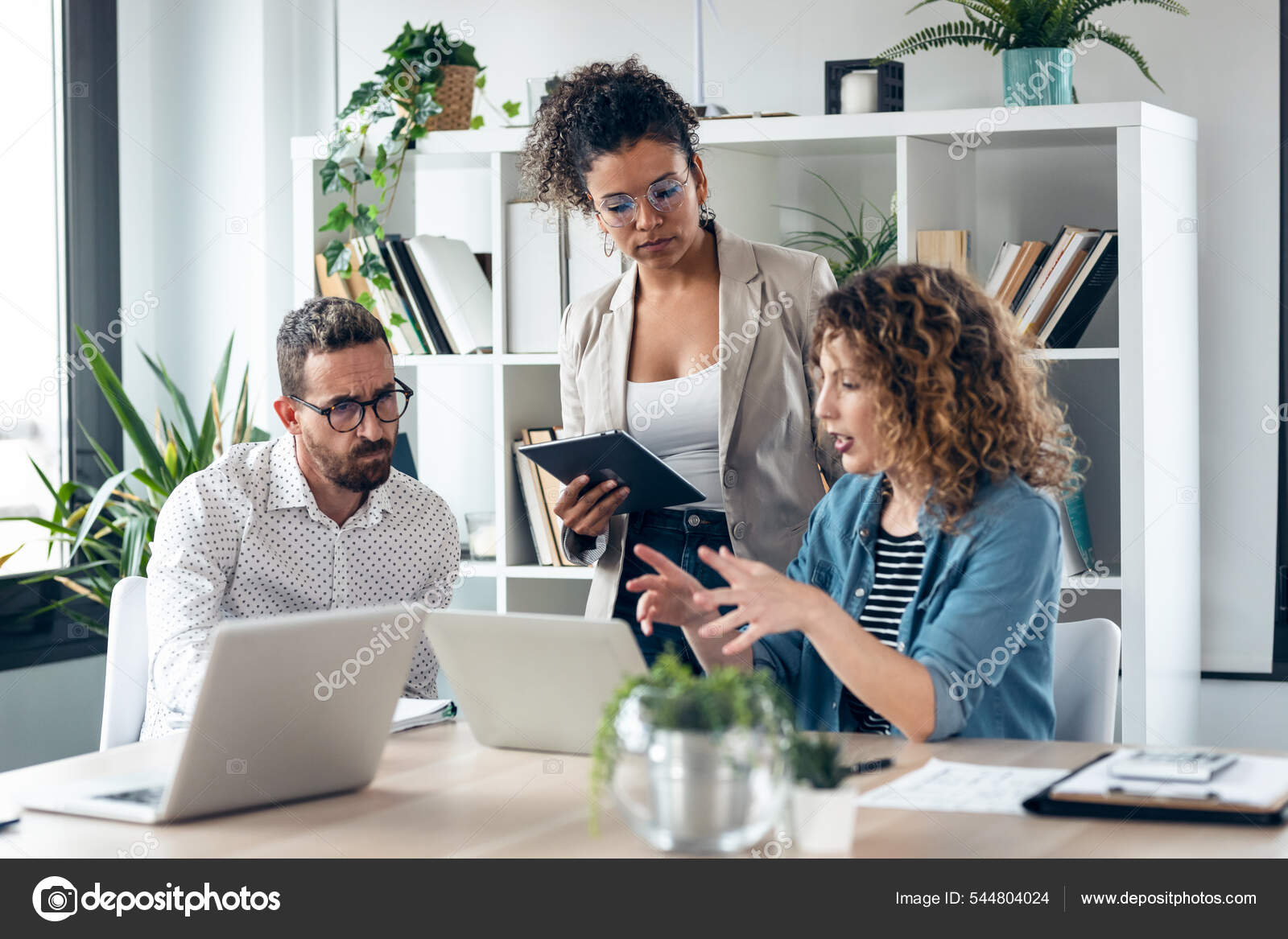 Shot Successful Business Multiage Team Standing Computer Presentation ...