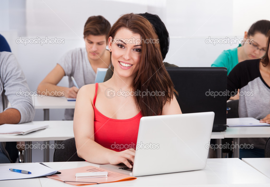 Beautiful University Student With Laptop At Desk — Stock Photo ...