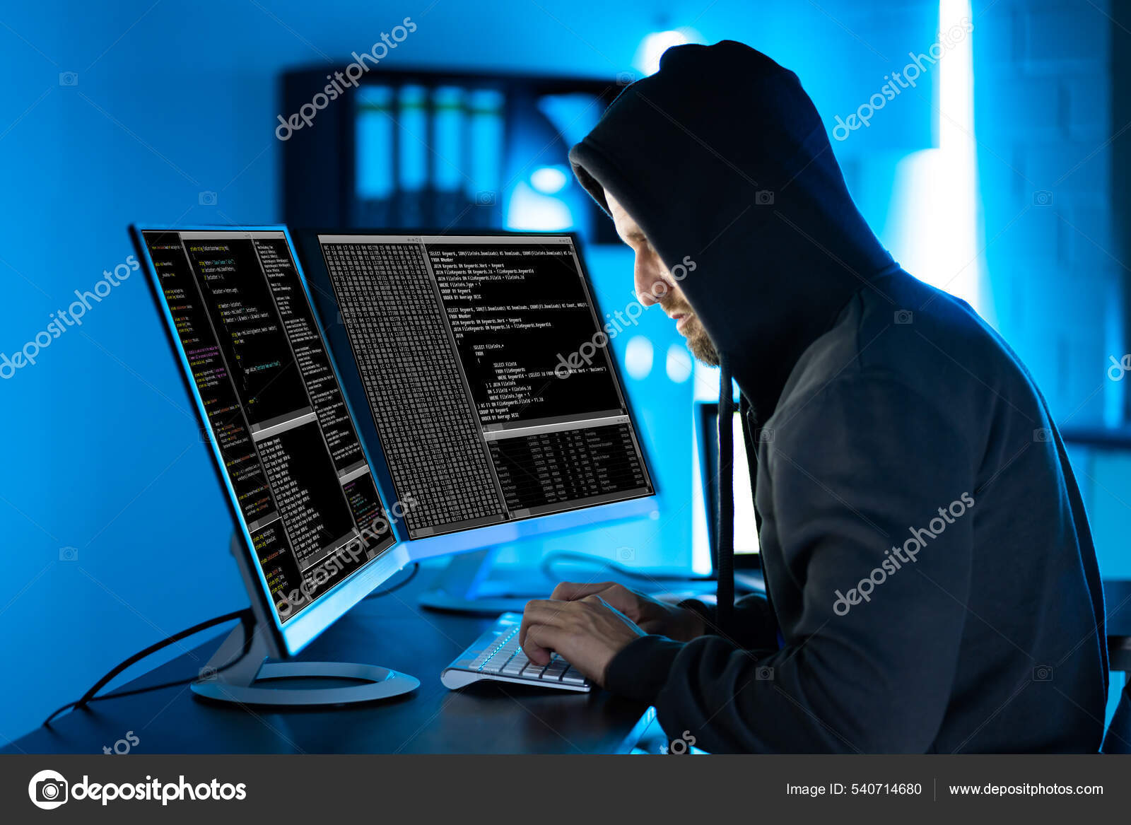 Hacker Using Computer Write Cyber Security Exploit Software Program — Stock Photo © AndreyPopov ...