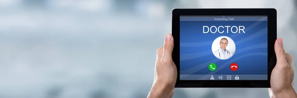 Doctor Video Call. Hand Holding Tablet. Medical Online Conference ...