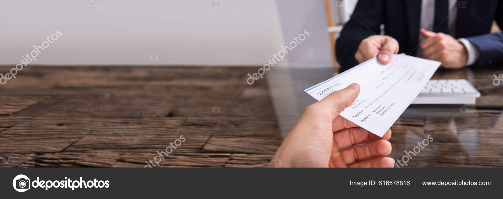 Employee Giving Payroll Cheque Checkbook Salary Check Stock Photo by ...
