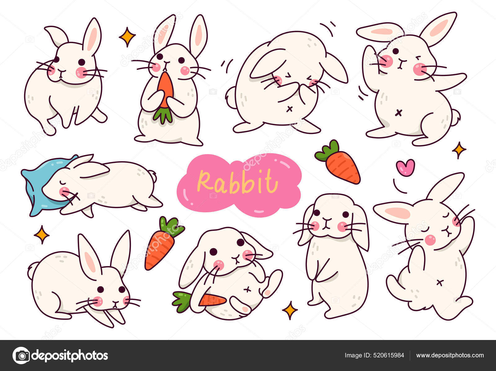 Set Cute Rabbits Rabbit Bunny Vector Illustration Stock Vector by ...