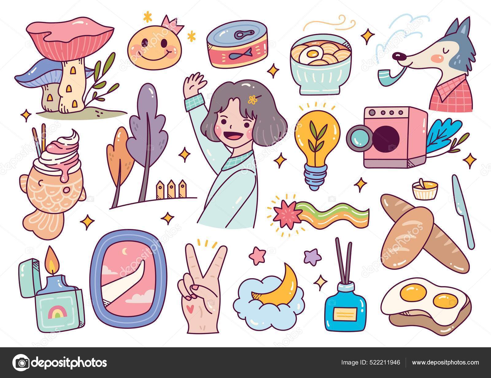 Conjunto Ilustración Lindo Vector Dibujos Animados Vector de stock ...