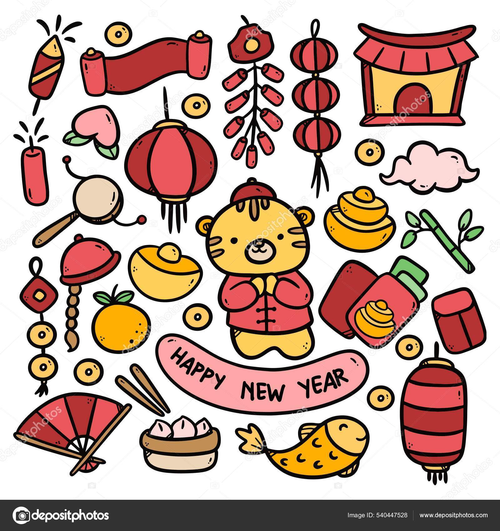 Happy New Year Vector Background Illustration Cartoon Doodle Elements ...