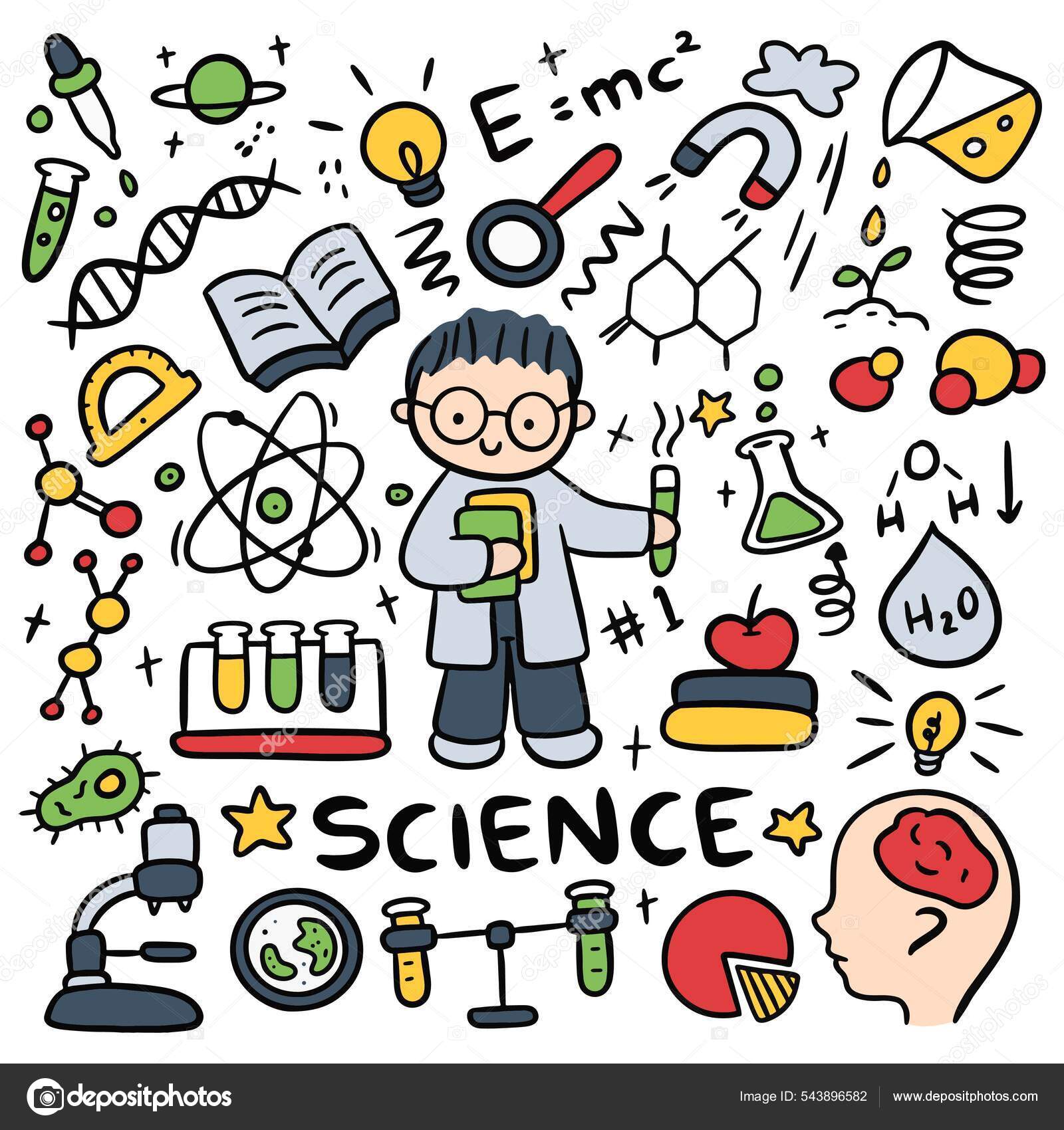 Retro Cartoon Vector Illustration Science Set Small Boy Scientist Stock ...