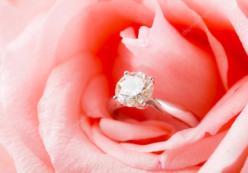 Pink Rose and diamond ring nestled inside — Stock Photo © leungchopan ...