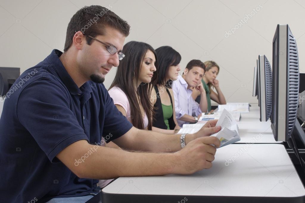 Students Studying While Sitting In Computer Lab — Stock Photo ...