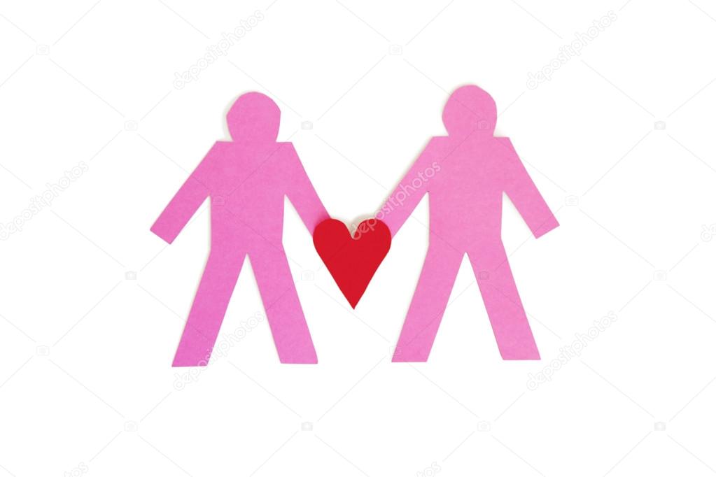Two paper stick figures holding a red heart over white background Stock ...
