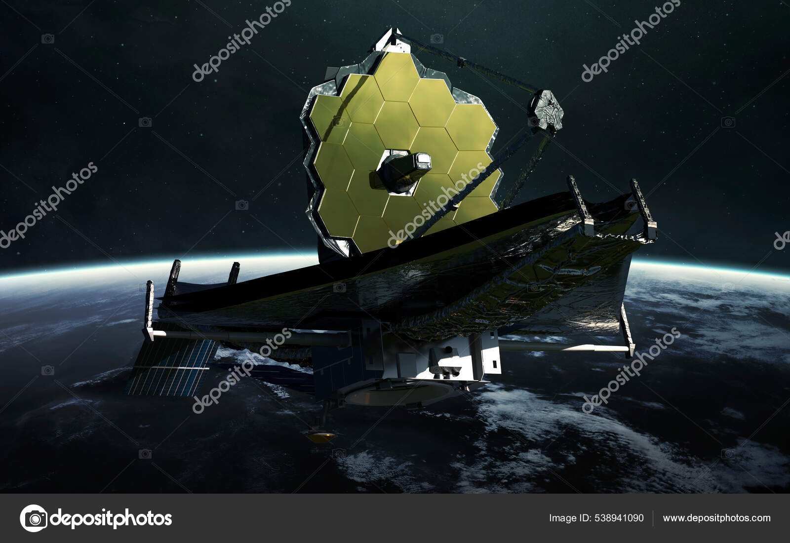 The James Webb telescope orbiting planet Earth. JWST launch art ...