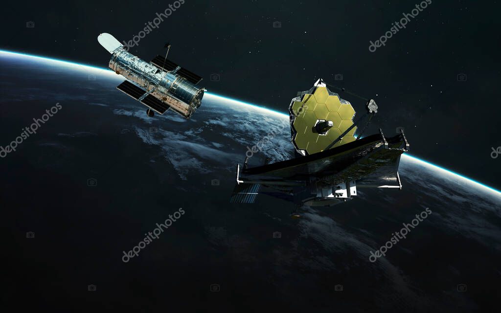 Dos telescopios James Webb y Hubble. Lanzamiento de JWST art. Elementos ... Dos telescopios James Webb y Hubble. Lanzamiento de JWST art. Elementos ...