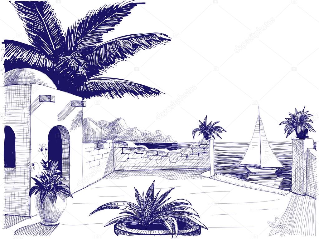 Sea view from house terrace on the beach sketch Stock Vector Image by ...