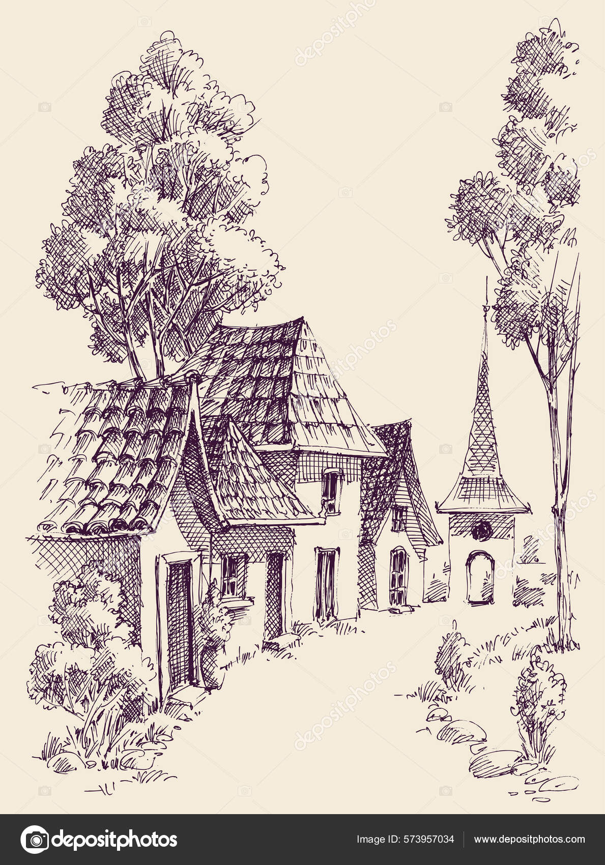 Small Village Streets Buildings Vector Sketch Stock Illustration by ...