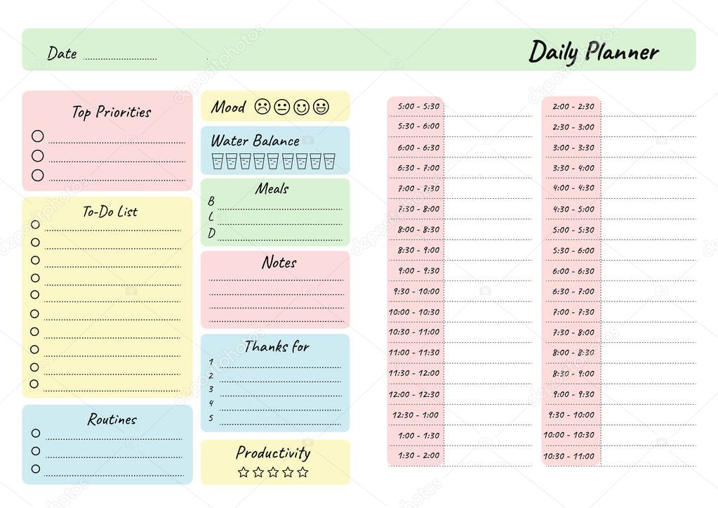 Plantilla imprimible planificadora diaria Vector. Cuaderno blanco en ...