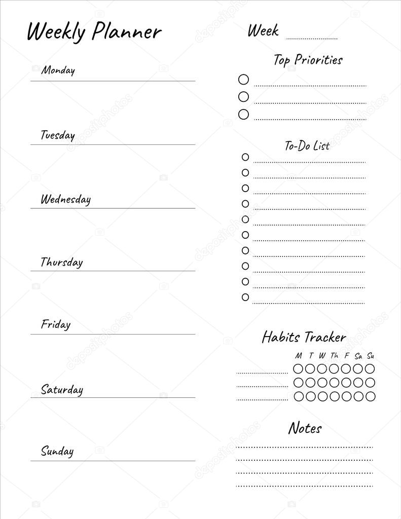 Plantilla semanal planner imprimible Vector. Cuaderno blanco en blanco ...