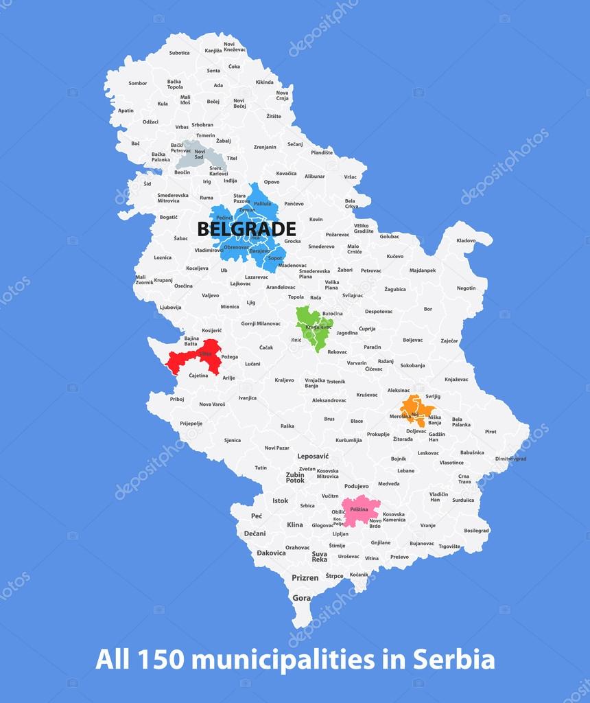 Political map of Serbia with ALL MUNICIPALITIES separated and marked ...