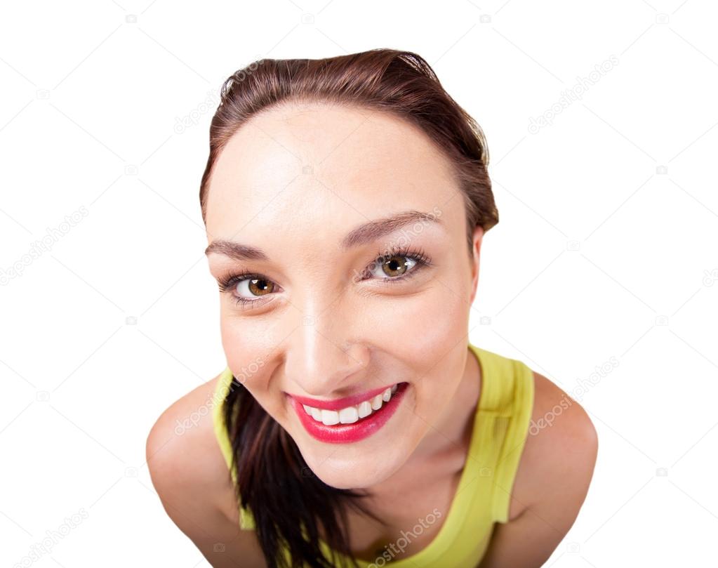 Wideangle distorted picture of funny young woman face — Stock Photo ...