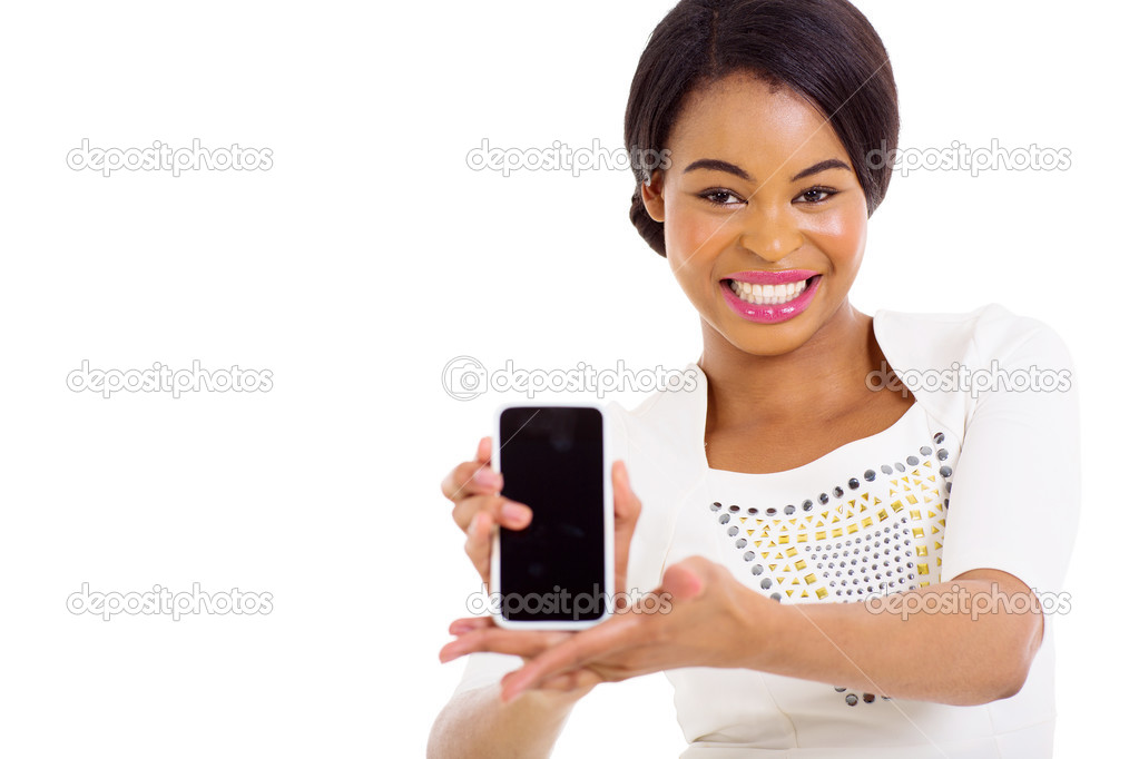 Young african american woman presenting smart phone Stock Photo by ...