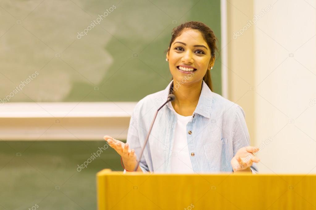 Student giving speech to lecture hall — Stock Photo © michaeljung #47157933