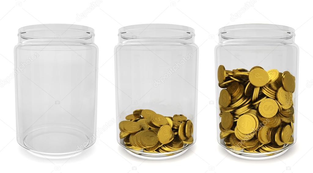 Frascos de vidrio con monedas de oro. Concepto de ahorro 2023