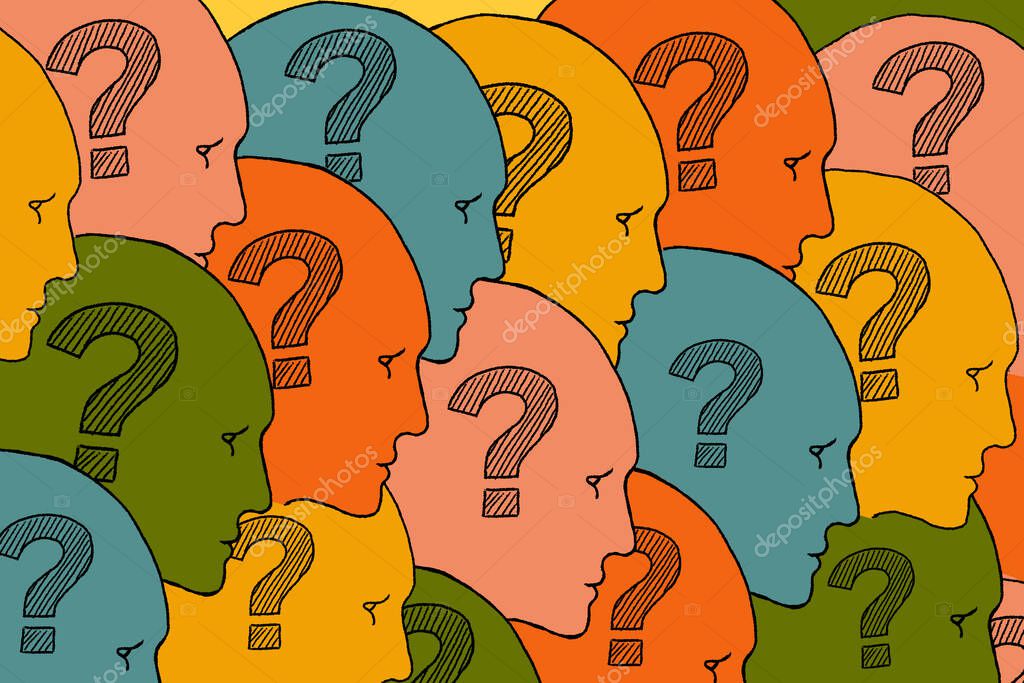 Human faces with question marks inside. FAQ. Frequently Asked Questions ...