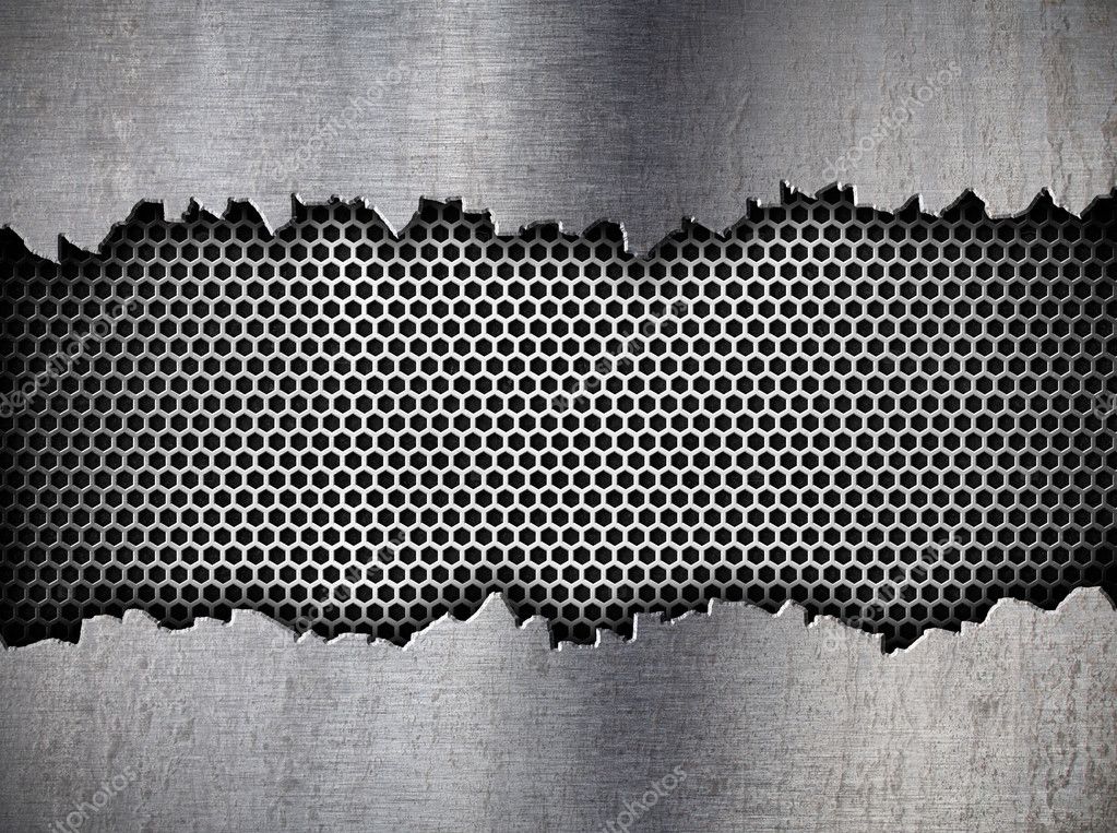 Silver hexagon metal grate background in ripped hole — Stock Photo ...