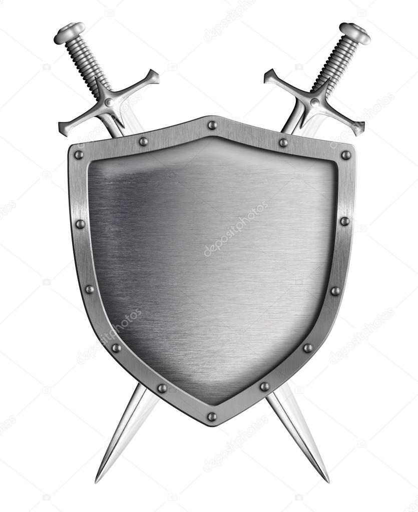 Metal shield with two crossed swords isolated on white — Stock Photo ...