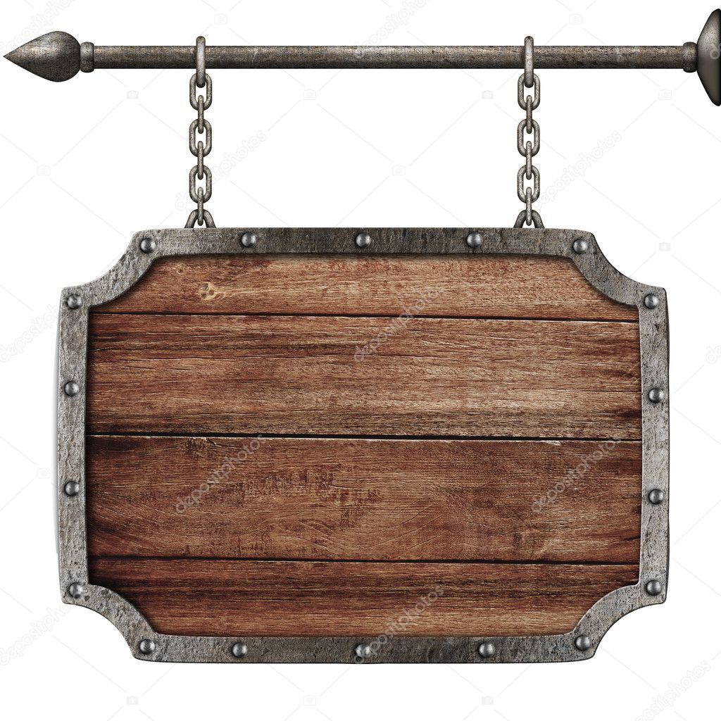 Medieval wood sign hanging on chains isolated on white Stock Photo by ...