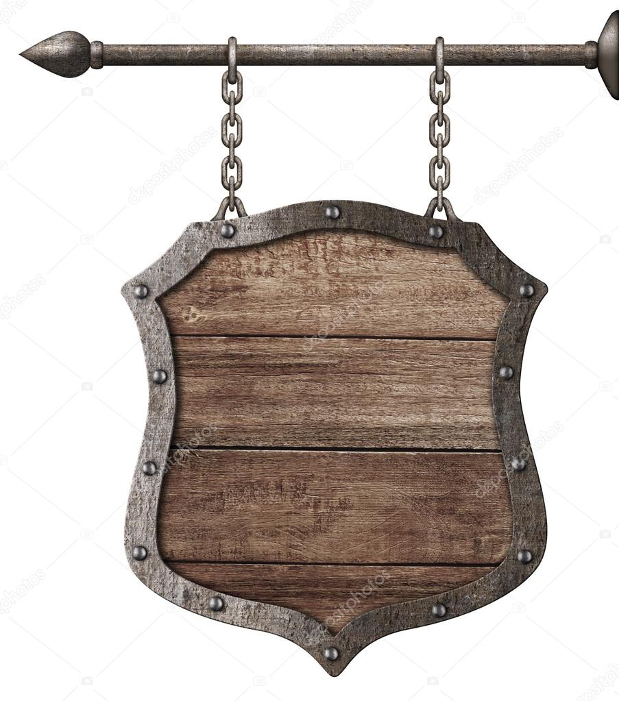 Medieval wood sign or shield hanging on chains isolated on white ...