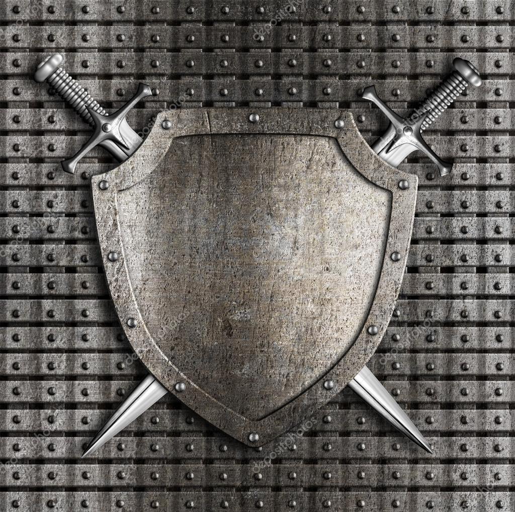 Shield and two swords crossed hanging on metal wall with rivets — Stock ... Shield and two swords crossed hanging on metal wall with rivets — Stock ...