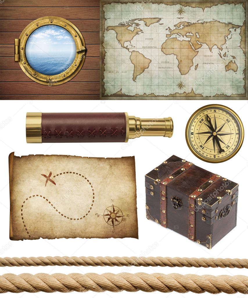 Nautical objects set isolated: ship window or porthole, old trea ...