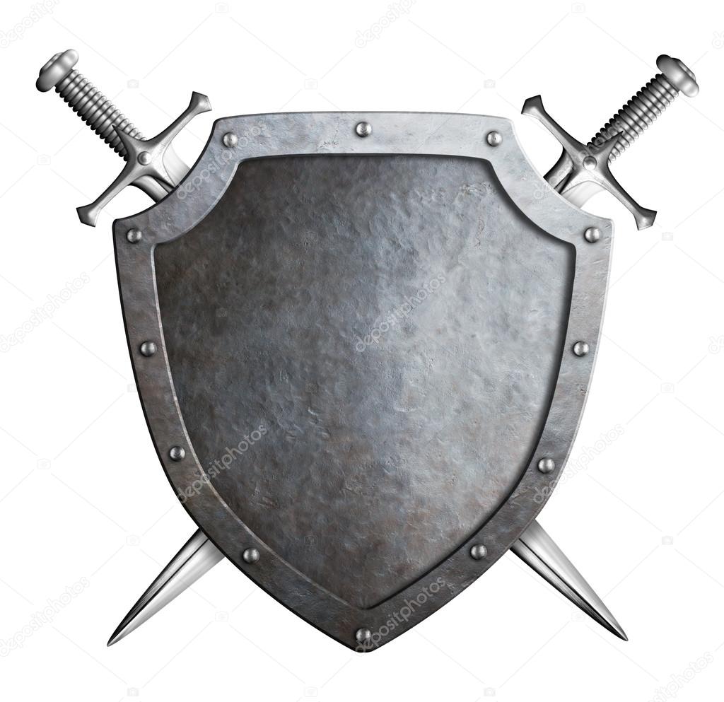 Aged metal shield with crossed swords isolated on white — Stock Photo ...