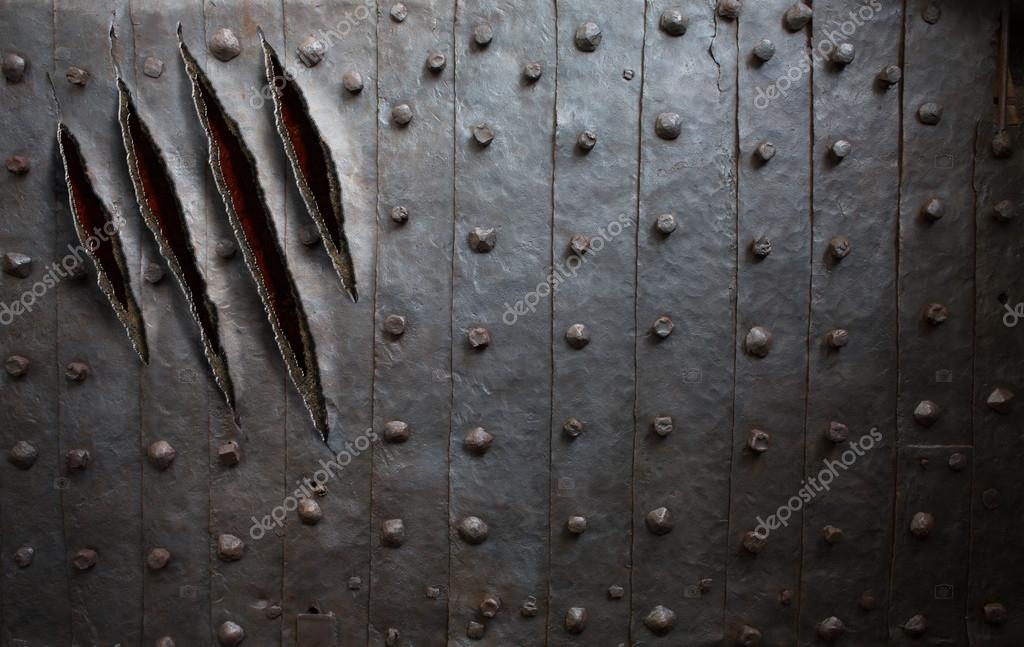Monster claw scratches on metal wall or door background — Stock Photo ...