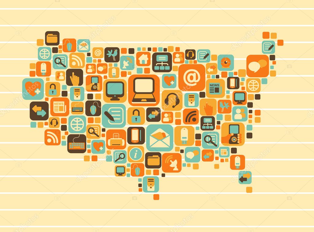 USA Map: social and media icons Stock Vector by ©evellean 18862373