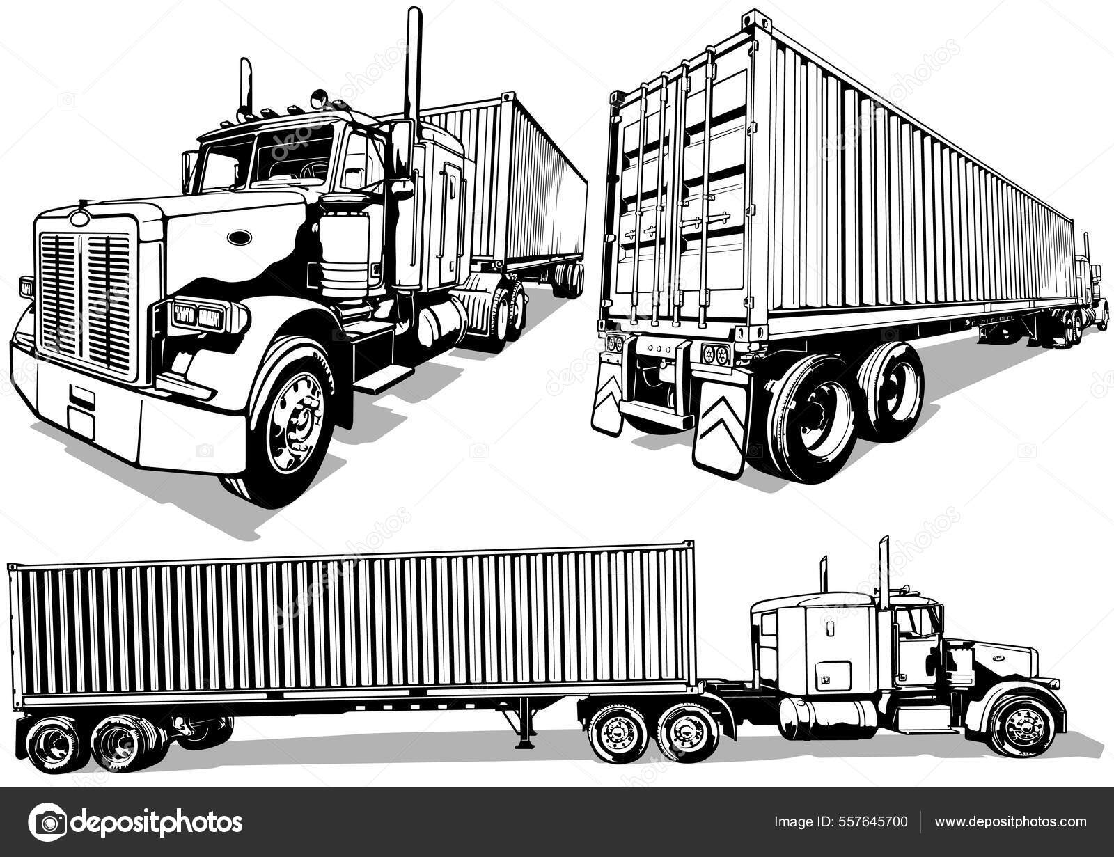 Set Drawings American Truck Trailer Black Illustrations Isolated White ...