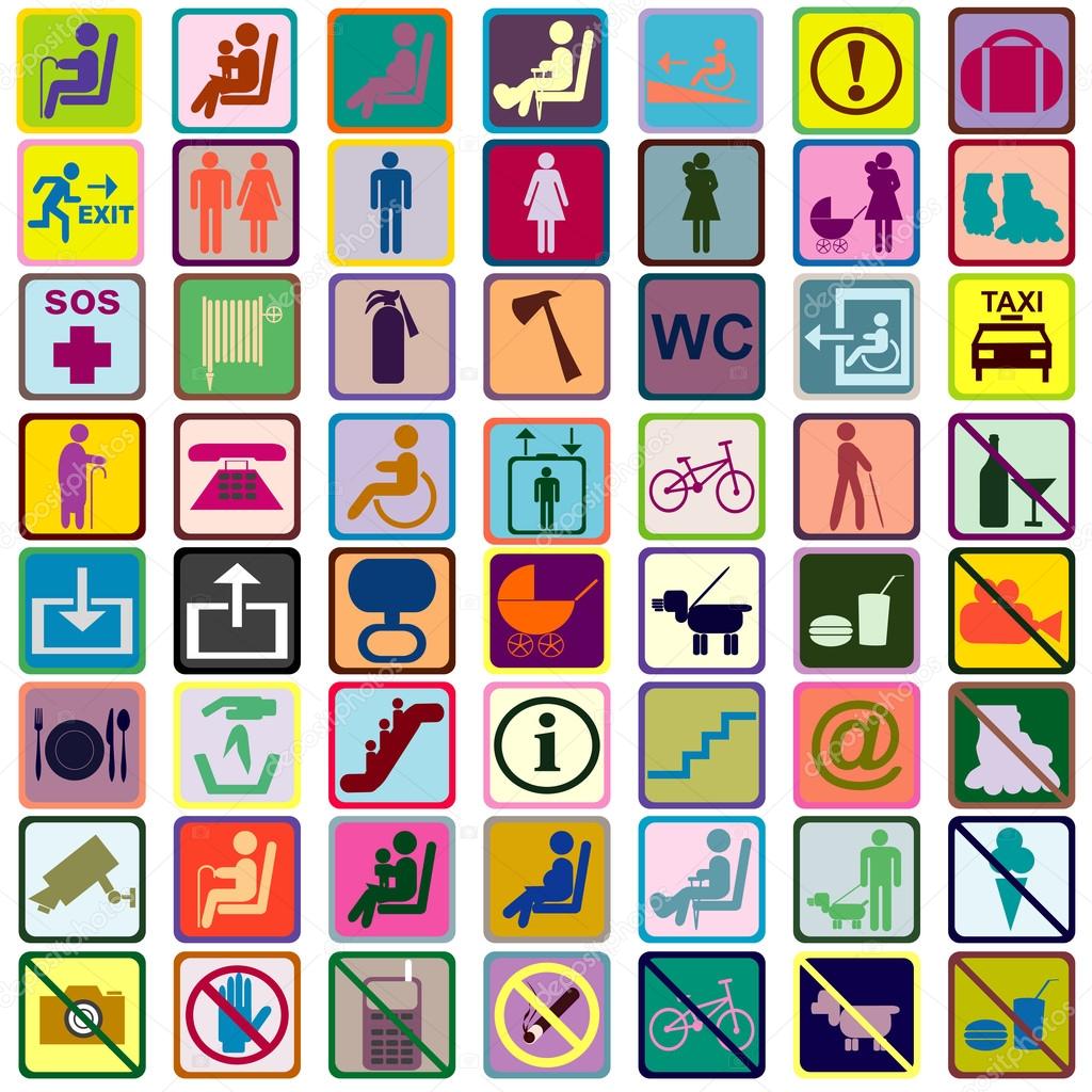 Colored signs icons used in transportation means — Stock Photo ...