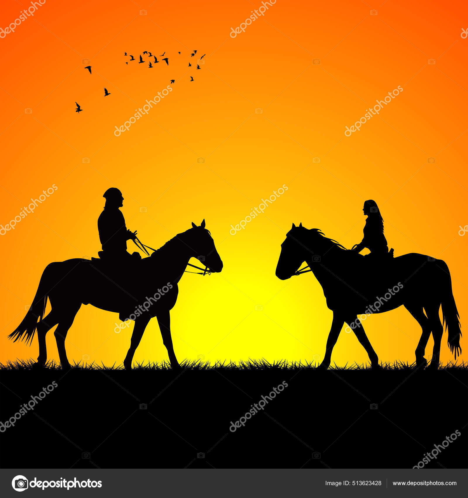 Silhouette Two Riders Sunrise Stock Vector by ©hibrida13 513623428