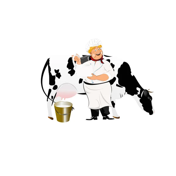 Happy Milkman with a jug of milk and a cow on a green meadow Stock ...