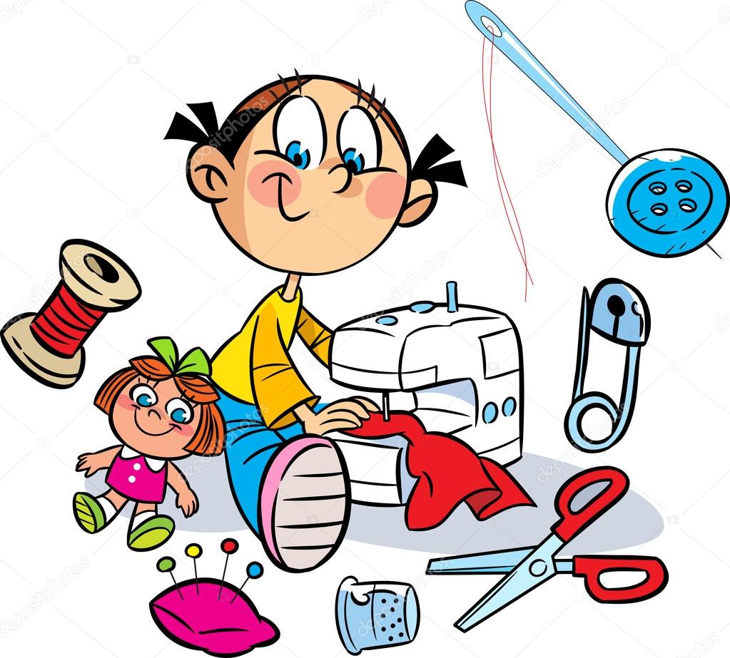 Imágenes: coser animadas | chica es coser ropa — Vector de stock ...