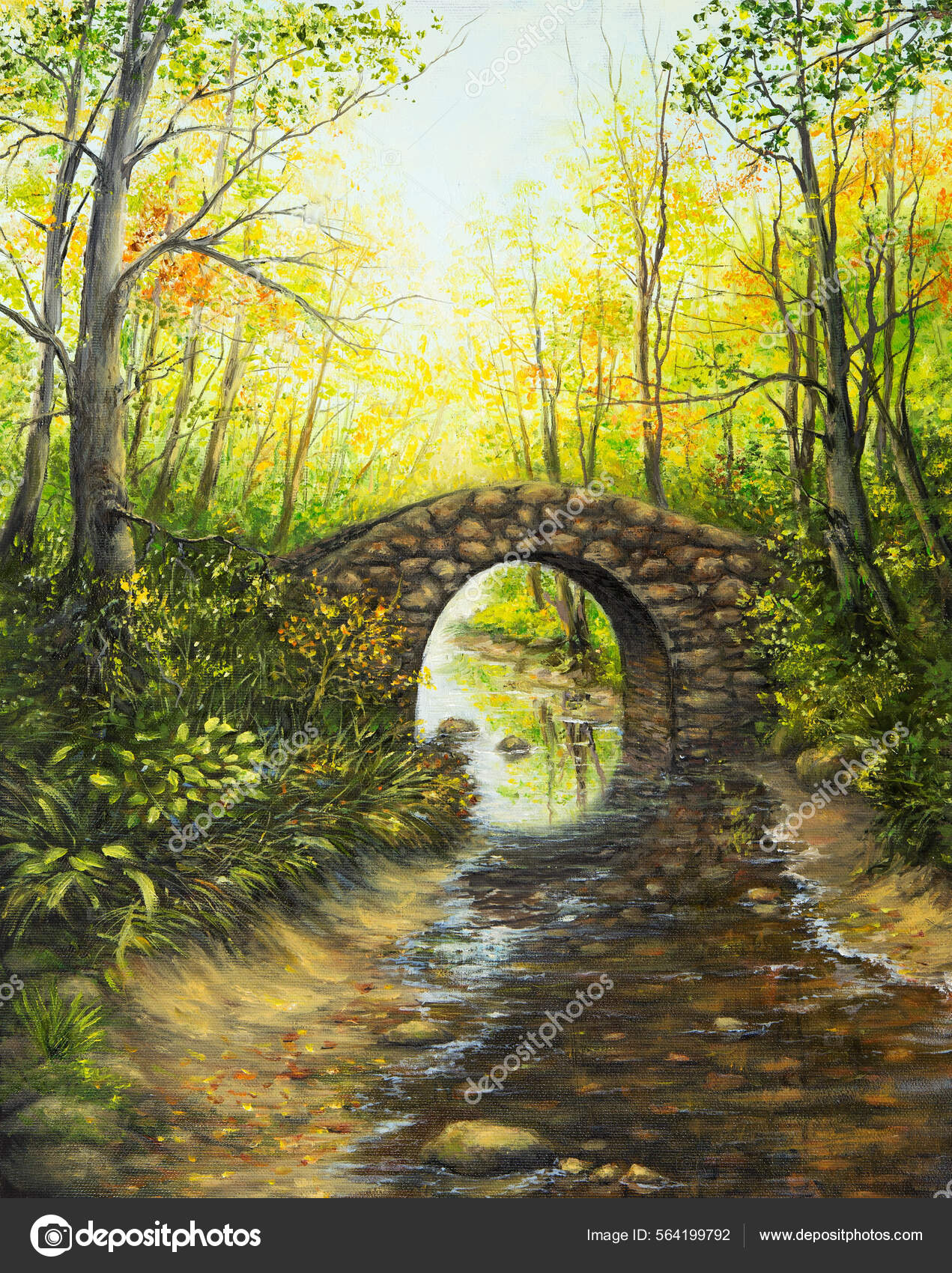 Original Oil Painting Beautifl Spring Landscape Forest Stone Bridge ...