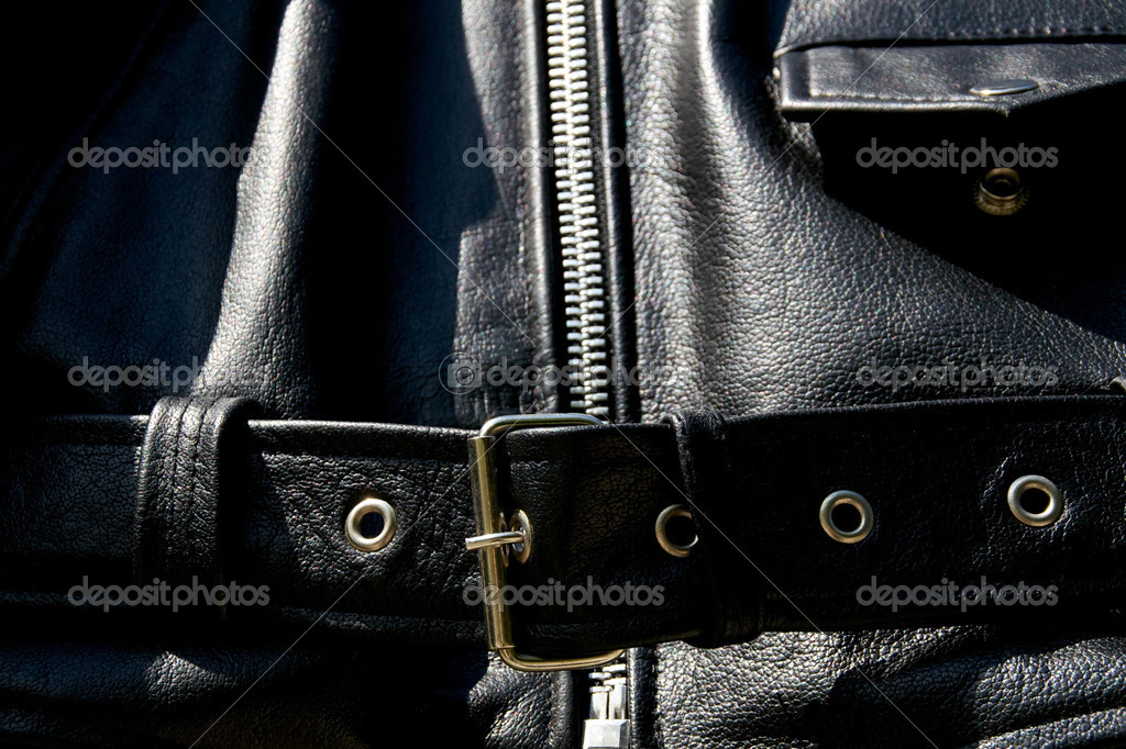 Black leather biker jacket belt zipper and pocket Stock Photo by ...