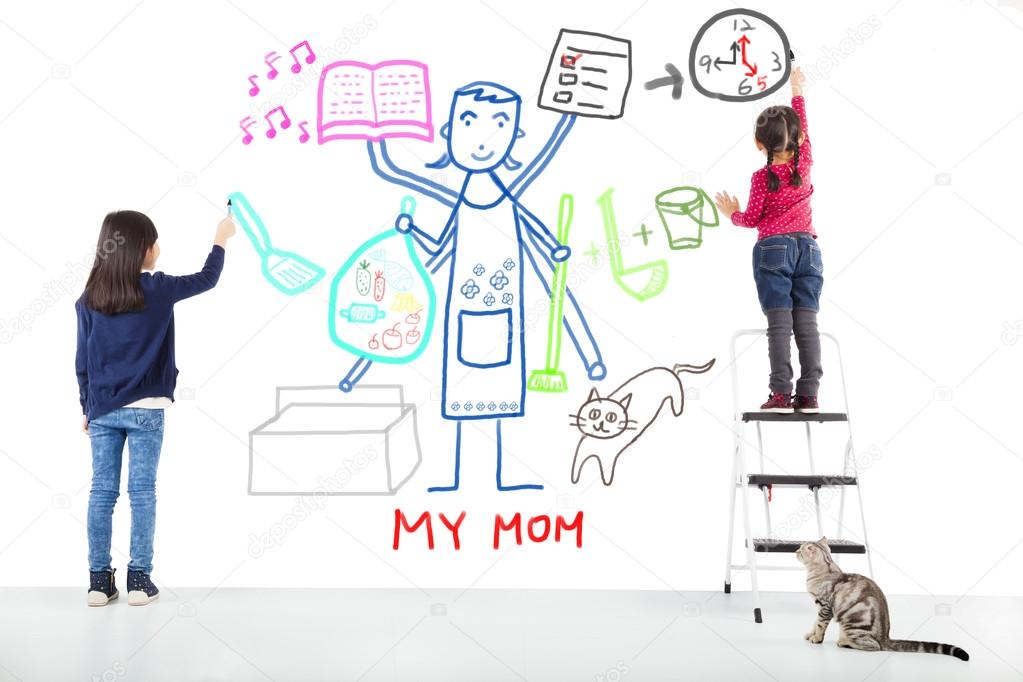 Two kids drawing her mother working tasks — Stock Photo © tomwang #44877721