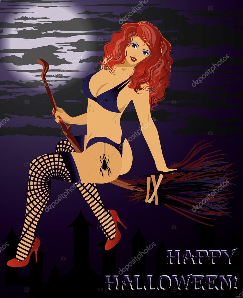 Halloween Sexy Witch Flying On A Broom Vector Illustration Stock Vector Image By ©carodi 13614334