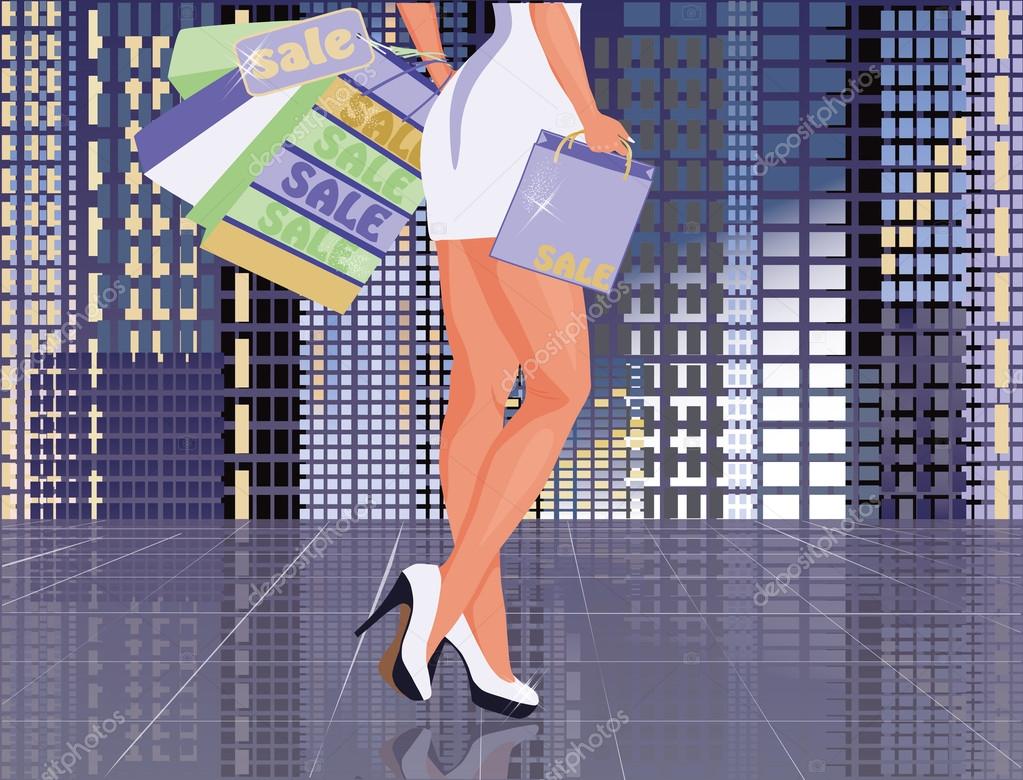 Sexy Woman With Shopping Bags Vector Illustration Stock Illustration