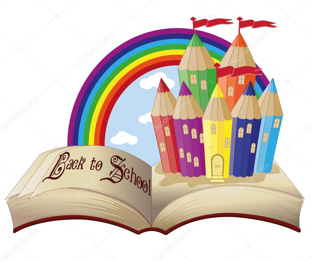 Back to School. Magic book and fabulous school castle, vector ...