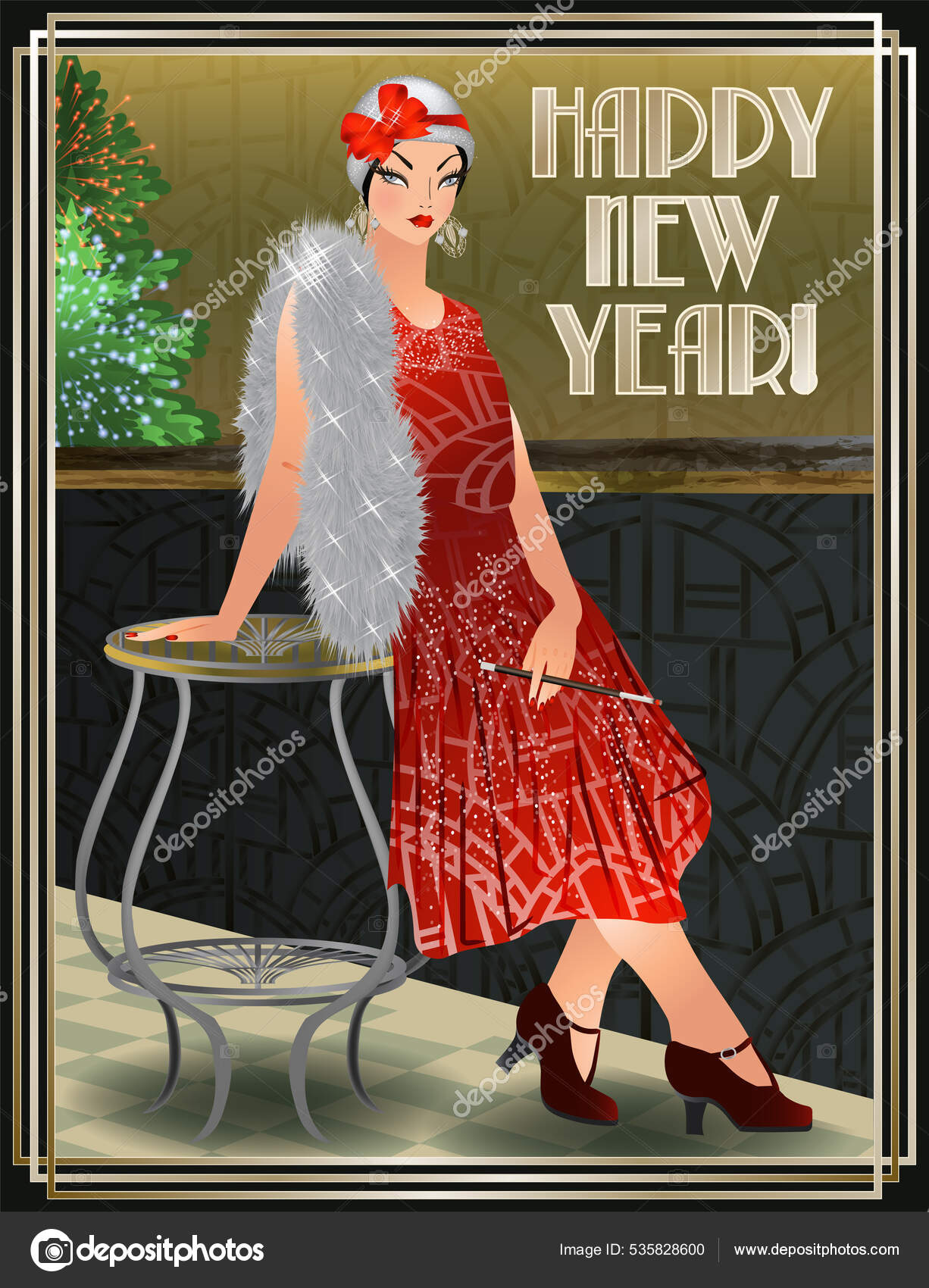 New Year Wallpaper Flapper Girl Art Deco Style Vector Illustration ...