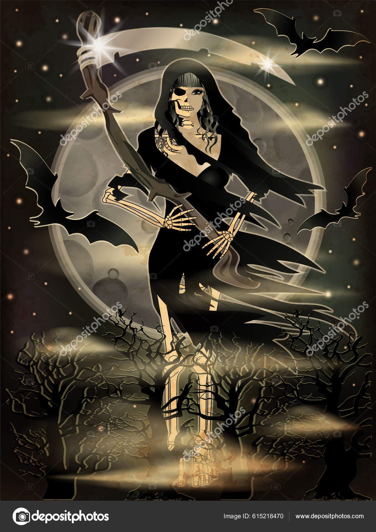 Lady Grim Reaper Halloween Card Vector Illustration Stock Vector Image By ©carodi 615218470